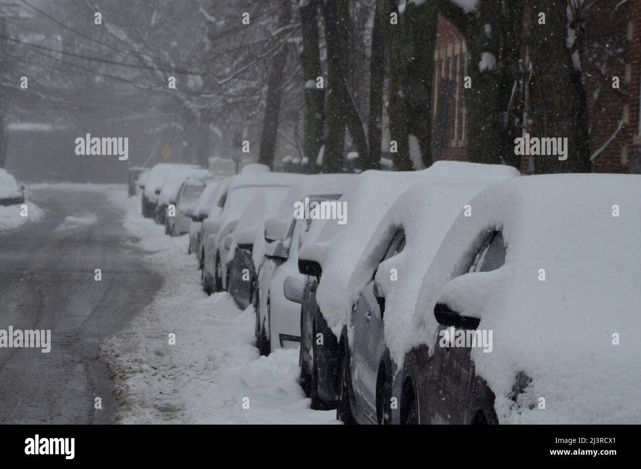 Winter scene in Cambridge, Massachusetts with snow covering the roofs ...