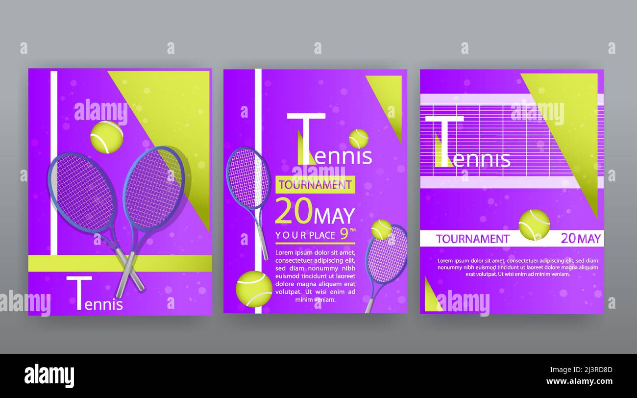 Tennis flyer vector template, ball and racquet, clean invitation trendy ...