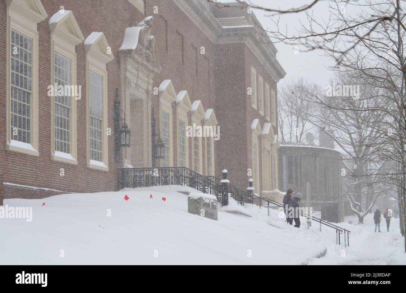 Snowy winter scene from the Harvard University campus in Cambridge ...