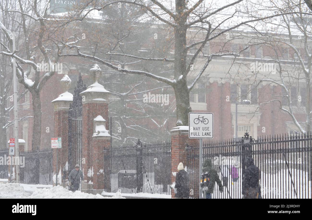 Snowy winter scene from the Harvard University campus in Cambridge ...
