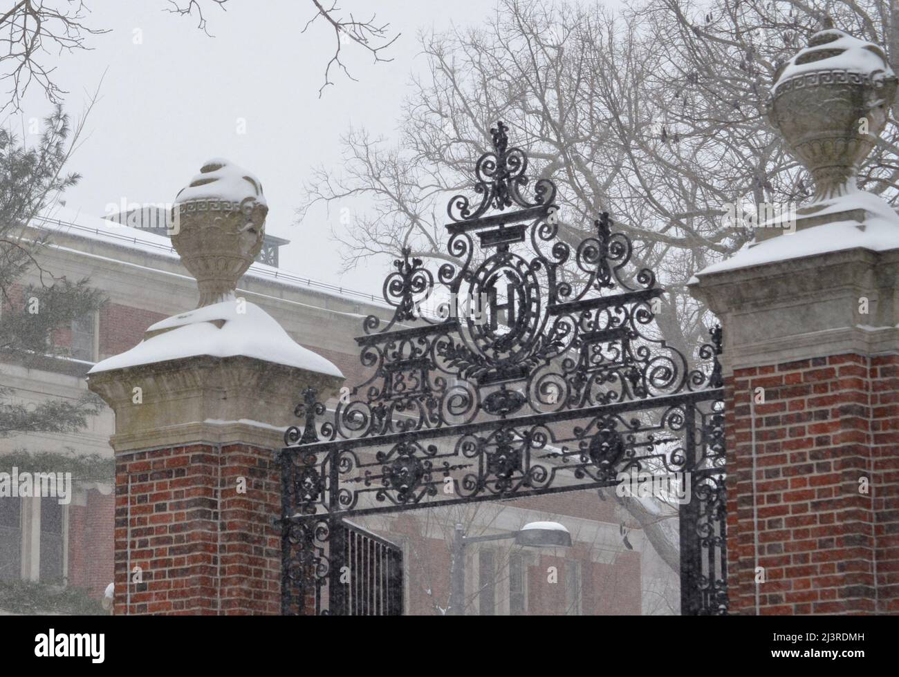 Snowy winter scene from the Harvard University campus in Cambridge ...