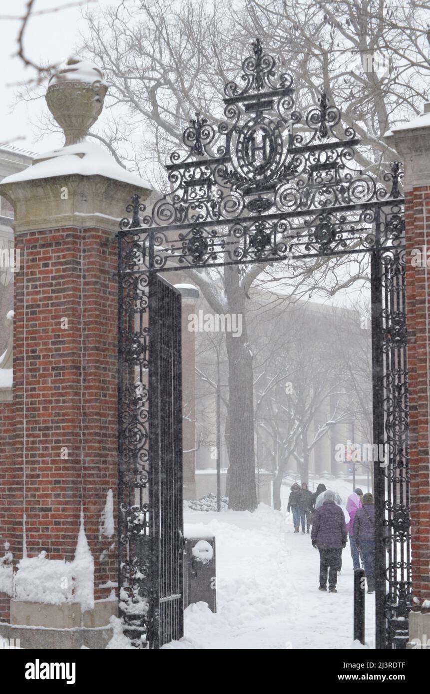 Snowy winter scene from the Harvard University campus in Cambridge ...