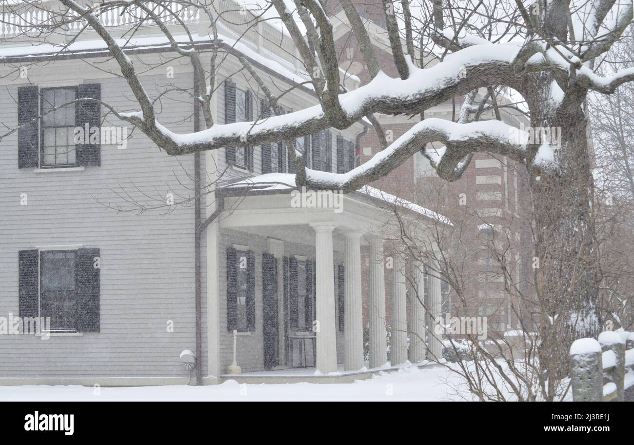 Snowy winter scene from the Harvard University campus in Cambridge ...