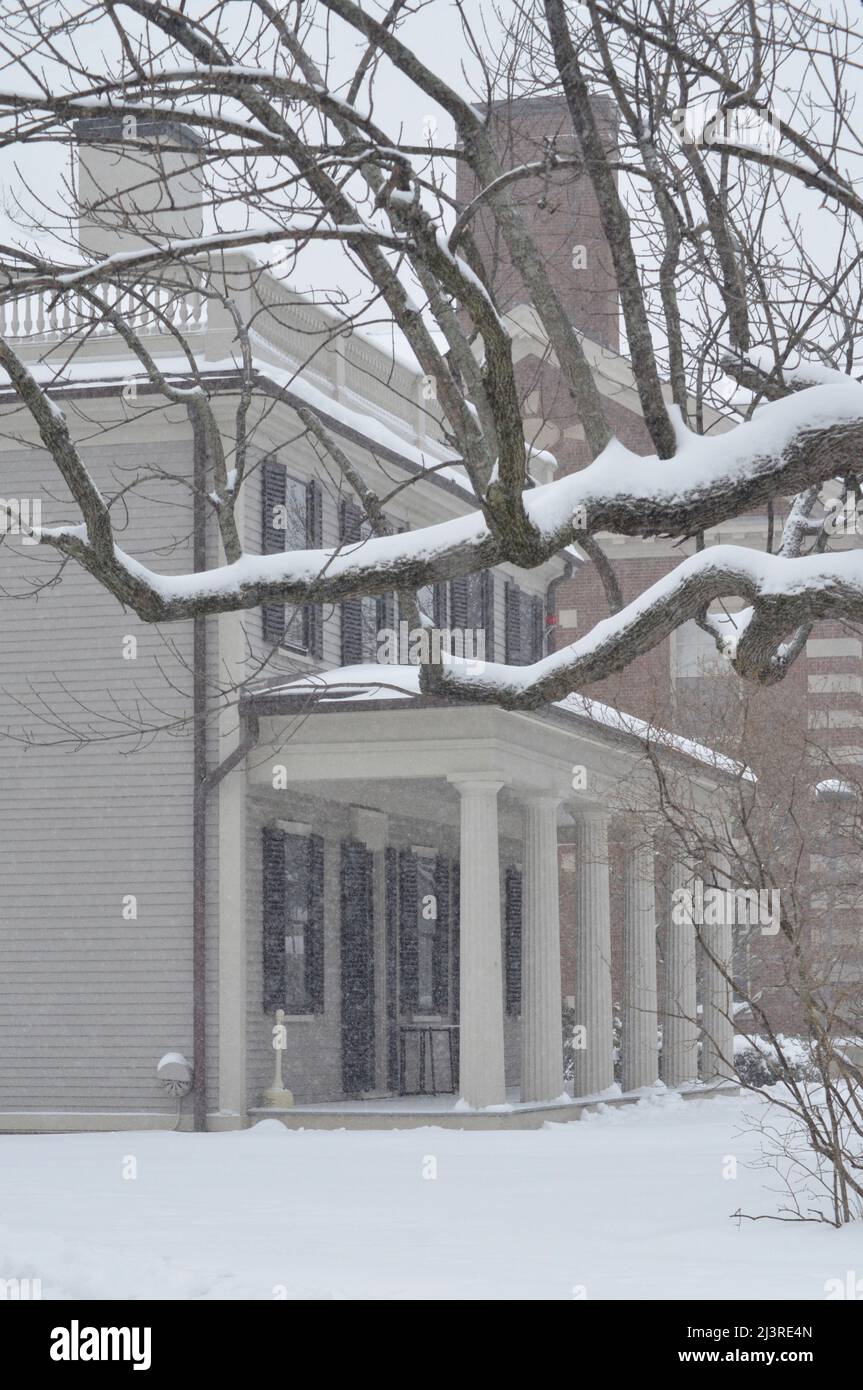 Snowy winter scene from the Harvard University campus in Cambridge ...