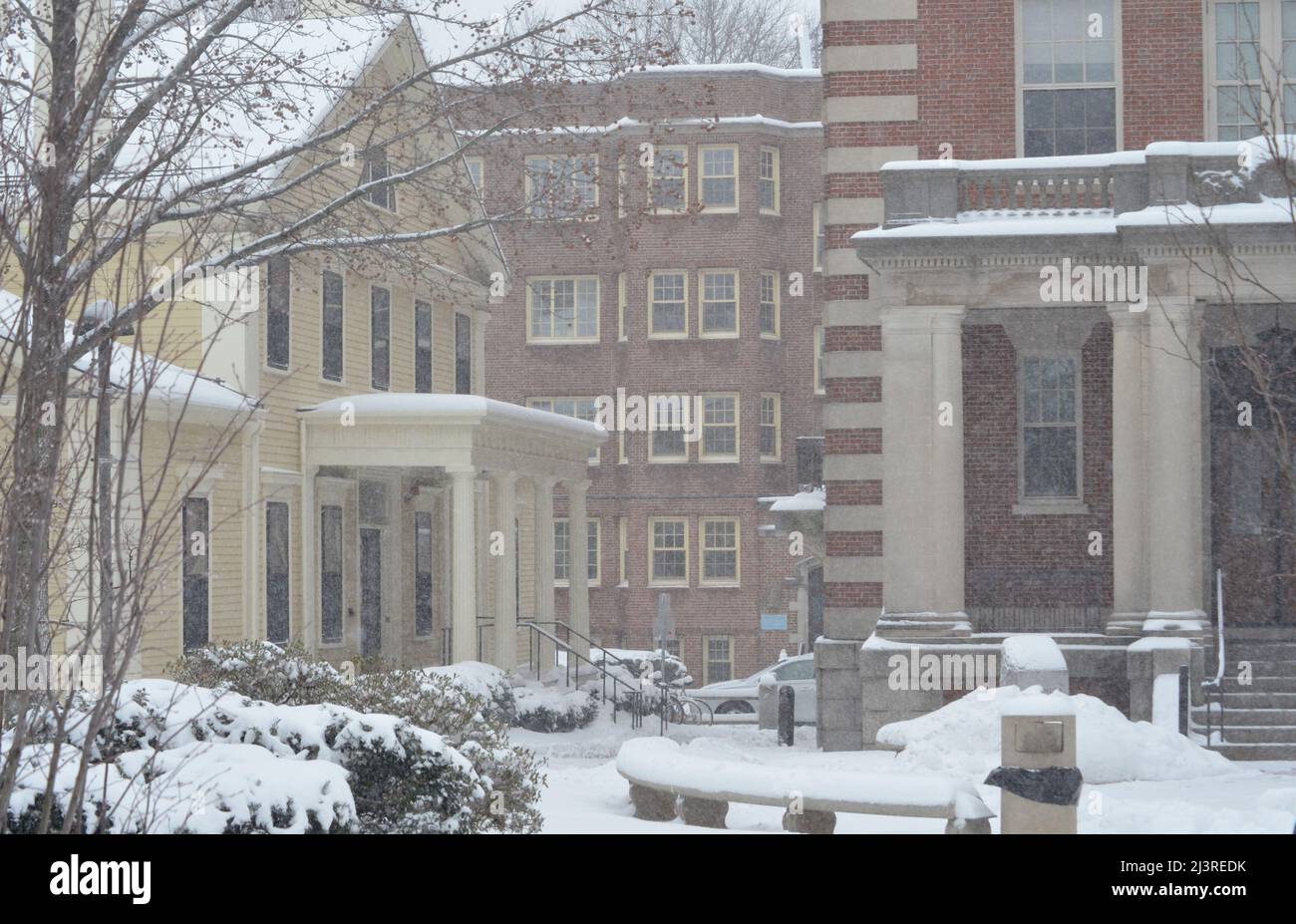 Snowy winter scene from the Harvard University campus in Cambridge ...