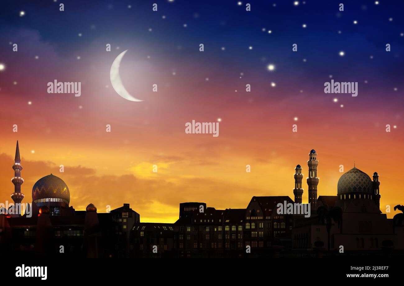 Ramadan Kareem greeting. Islamic city with mosque skyline, crescent ...