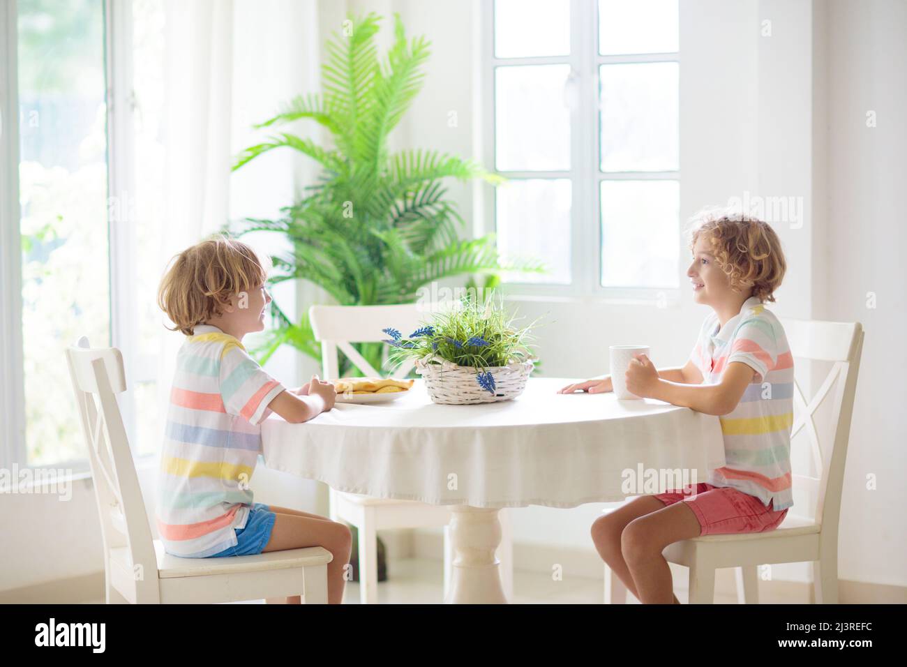 Kids eating breakfast in white kitchen. Children eat sandwich and drink ...