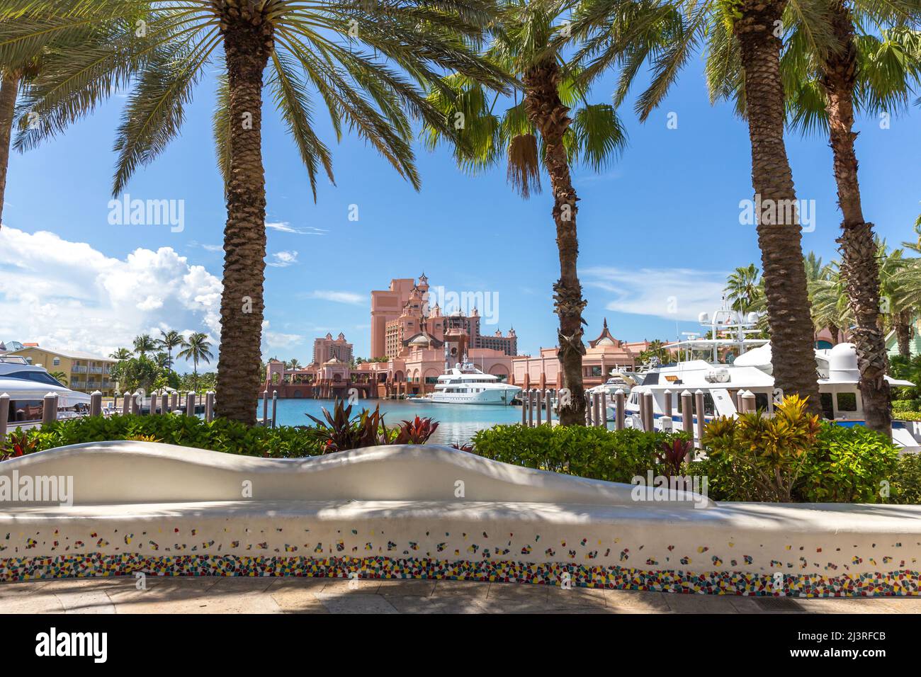 Beautiful view of Bahamas with yacht, palms and luxury hotel Stock ...