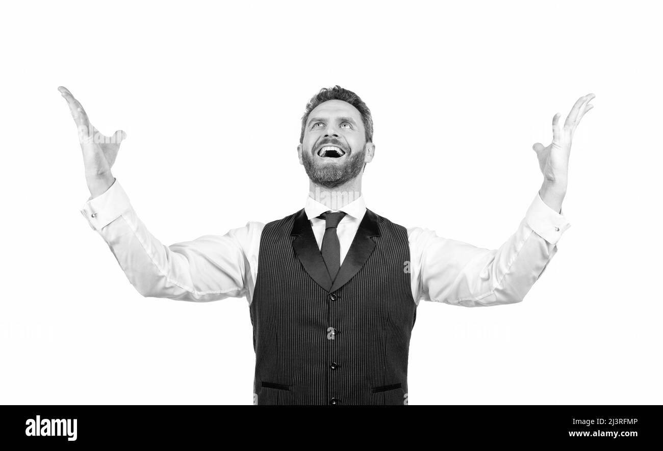 happy successful guy in formalwear celebrating success isolated on ...
