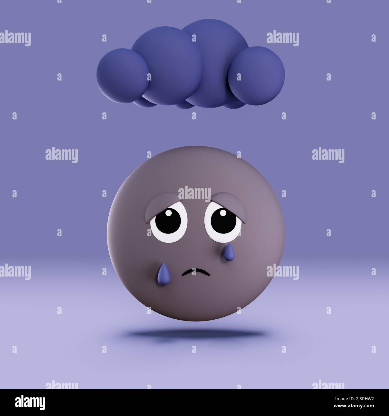 sad depressed anxious emoji under a cloud, 3D render illustration ...