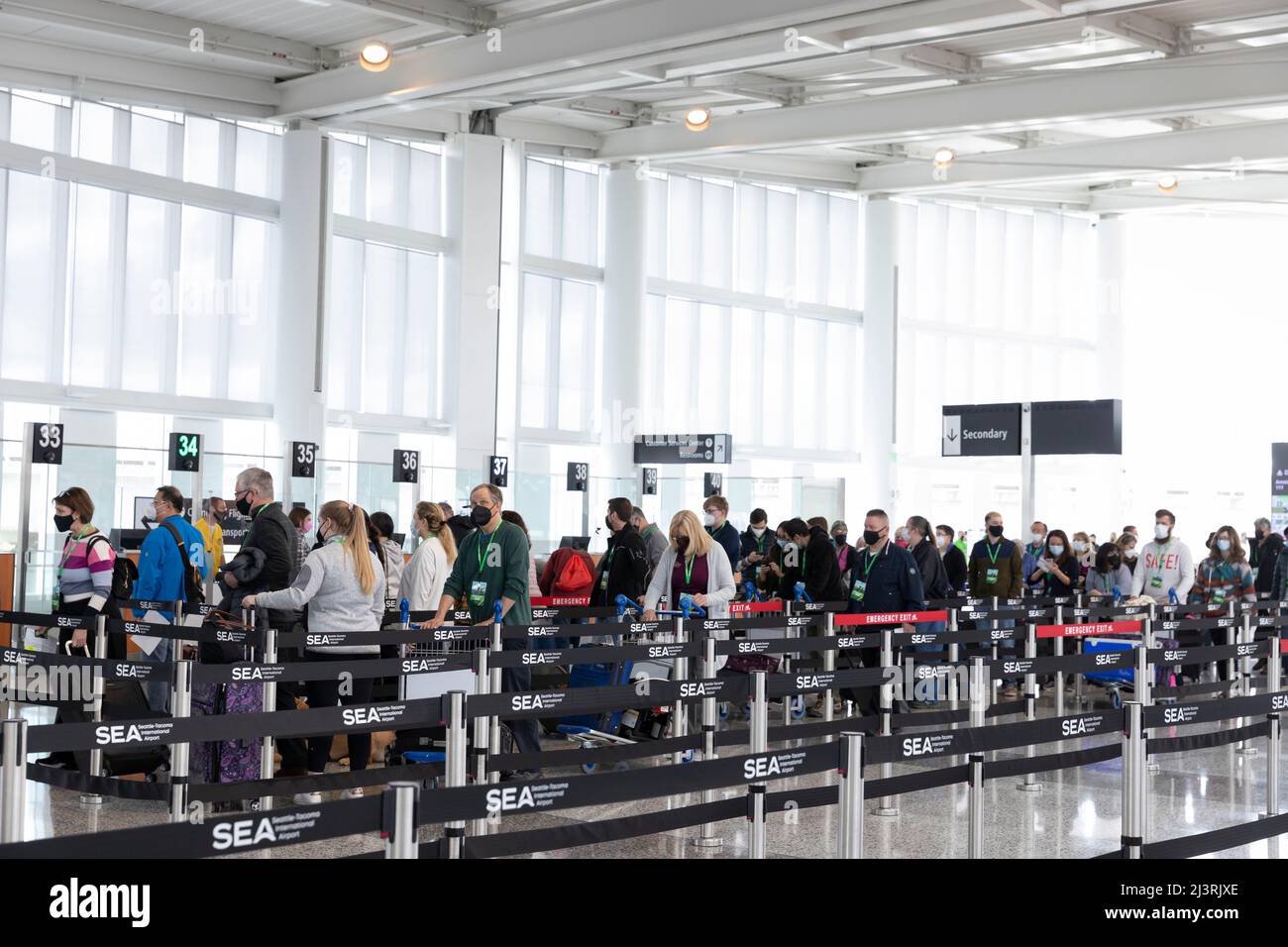 SeaTac, Washington, USA. 9th April, 2022. Volunteers cue up for ...