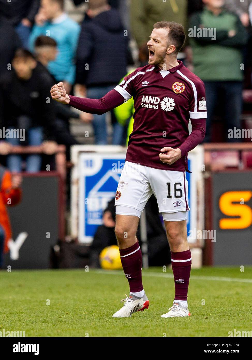 Edinburgh, UK. 9th Apr, 2022. Andrew Halliday of Hearts celebrates ...