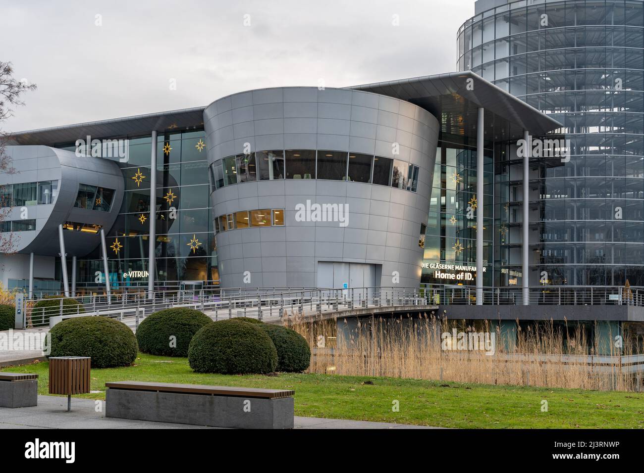 Volkswagen Transparent Factory in the city. VW manufacturing building ...
