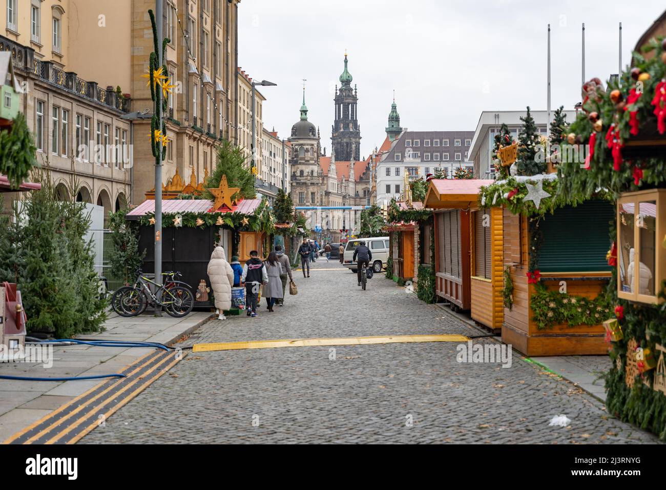 Dresdner Striezelmarkt with small wooden houses at the famous Christmas ...