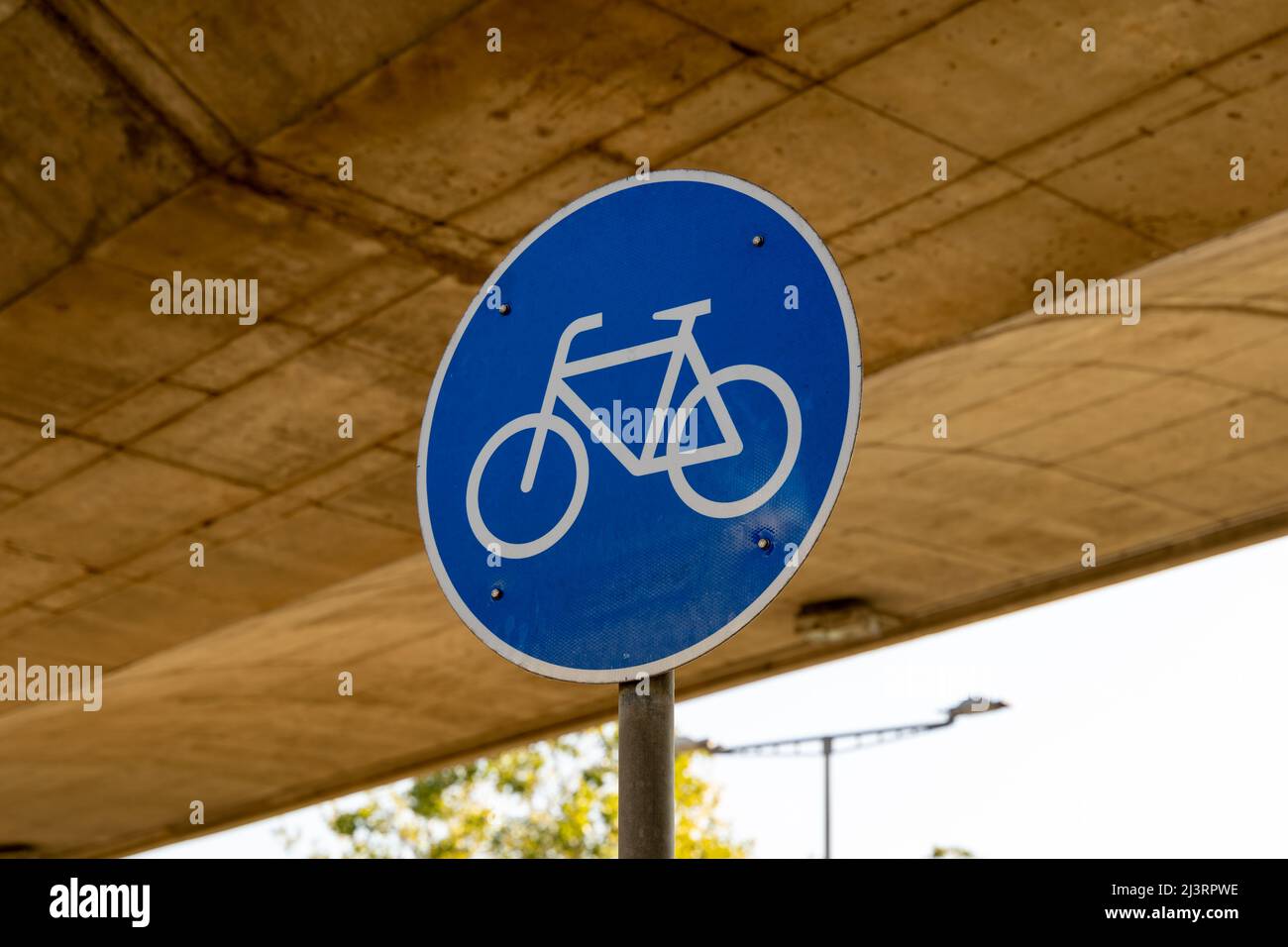 A bicycle traffic sign in front of a building. A round blue metal plate ...