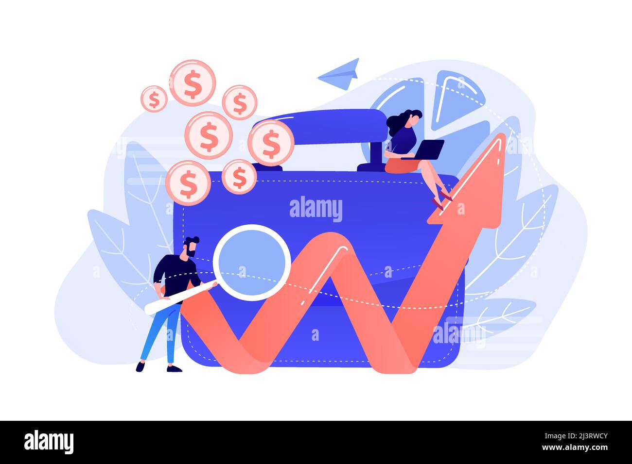 Businessman with magnifier looks at growing chart and briefcase ...