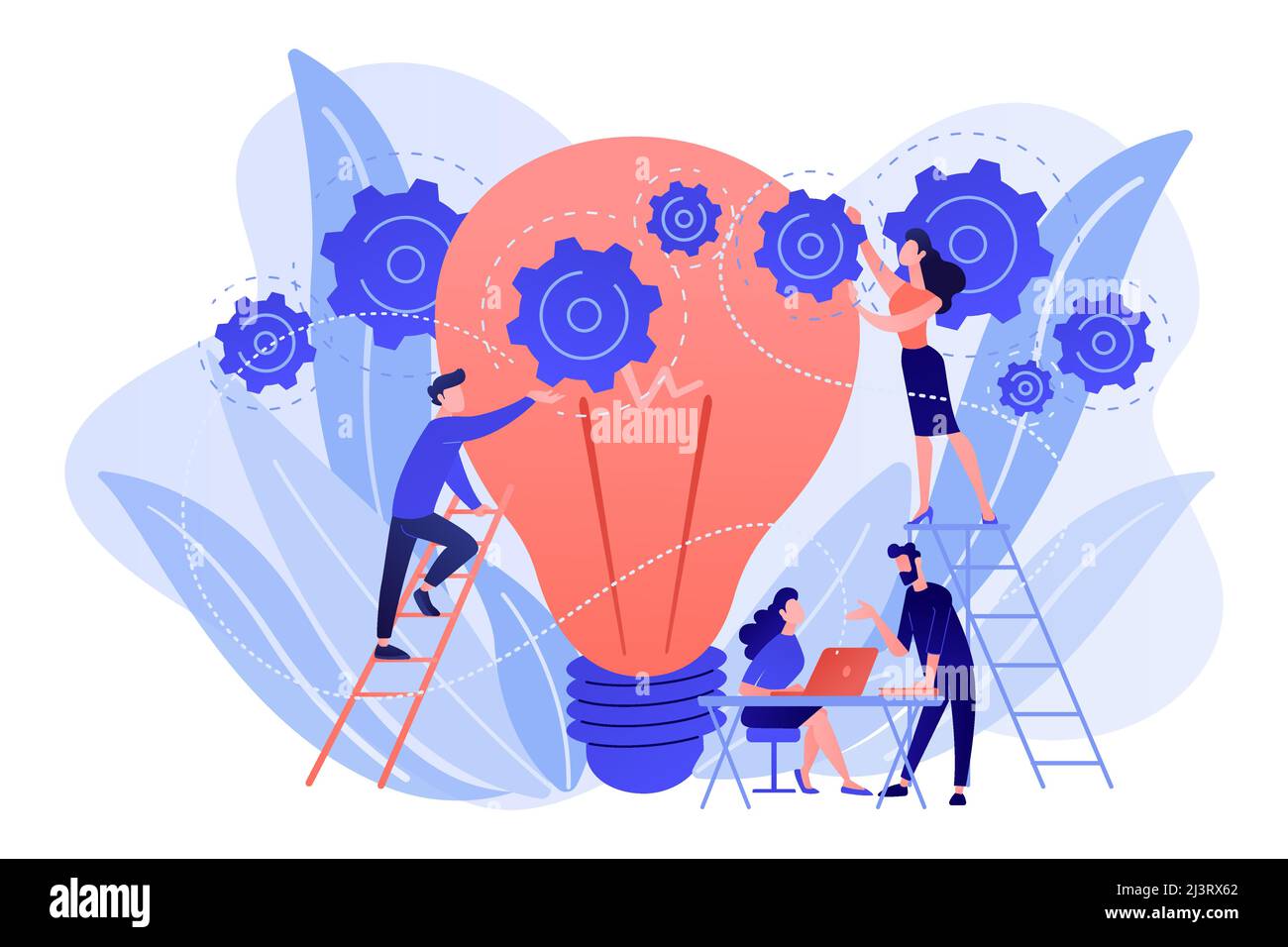 Business team putting gears on big lightbulb. New idea engineering ...