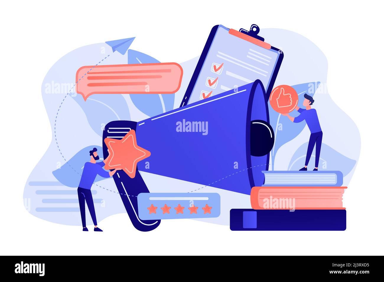 Megaphone and businessmen rate with stars and thumb up icons. Rank and ...