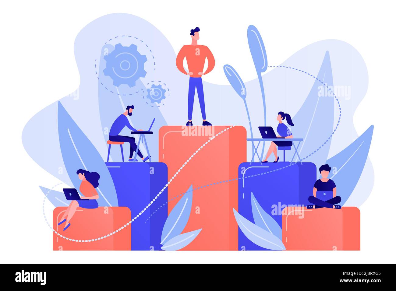 Businessmen work with laptops on graph columns. Business hierarchy ...