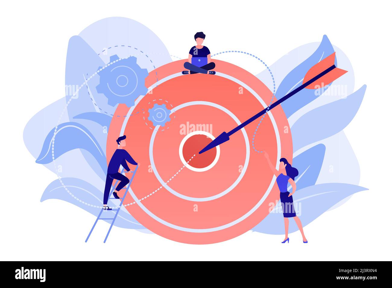 Businessmen working and woman at big target with arrow. Goals and ...