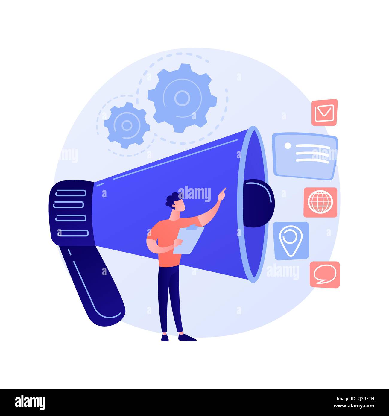 Promotion. Cartoon man standing with loudspeaker. Advertisement ...