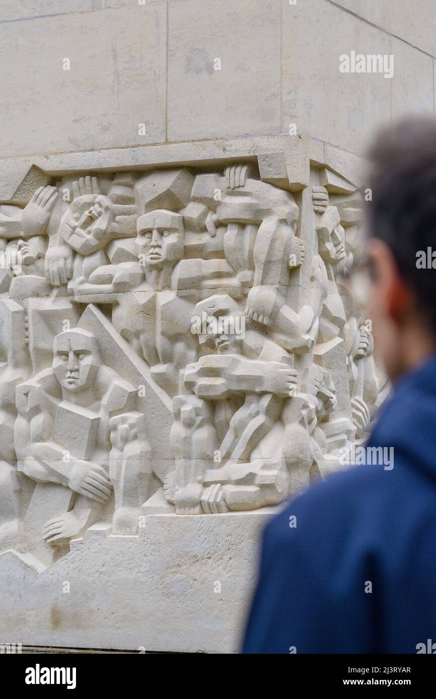 06 April 2022, Saxony-Anhalt, Langenstein: A stele made of limestone ...