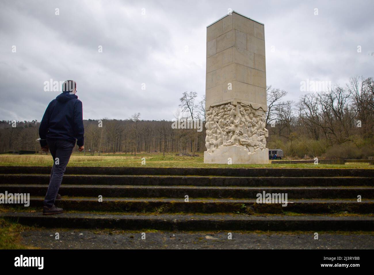 06 April 2022, Saxony-Anhalt, Langenstein: A stele made of limestone ...