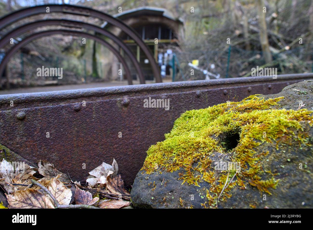 06 April 2022, Saxony-Anhalt, Langenstein: A drill hole for explosives ...