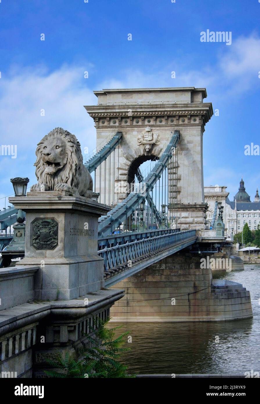 Historic 19th century Chain Bridge across the Danube River in Budapest ...