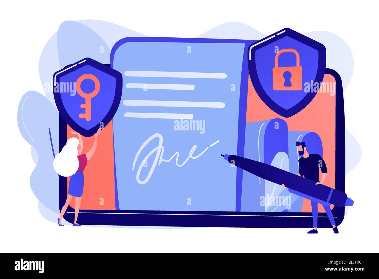 Businessman putting electronic signature on document, security shields ...