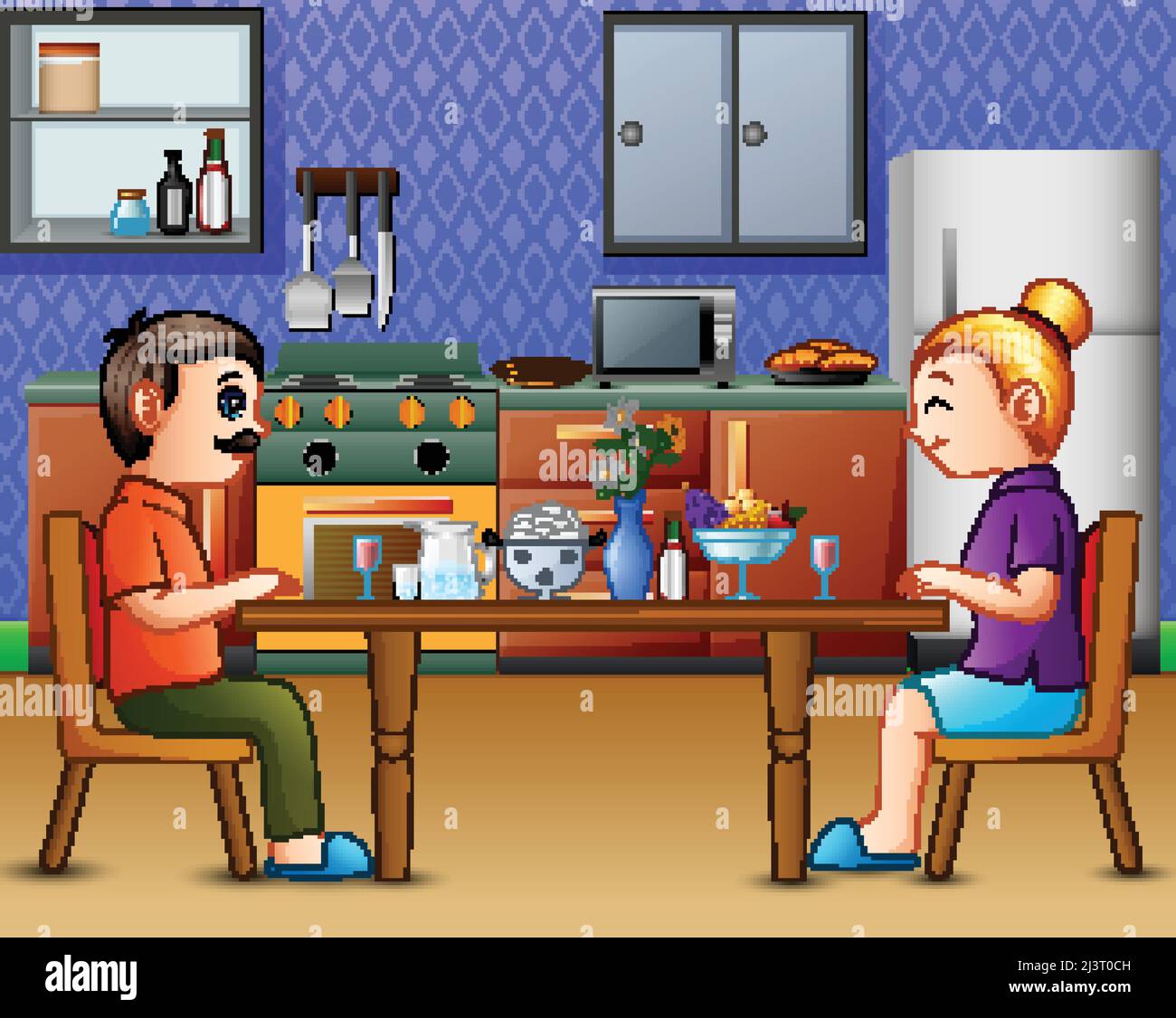 Family dinner on the kitchen table with mom and dad Stock Vector Image ...