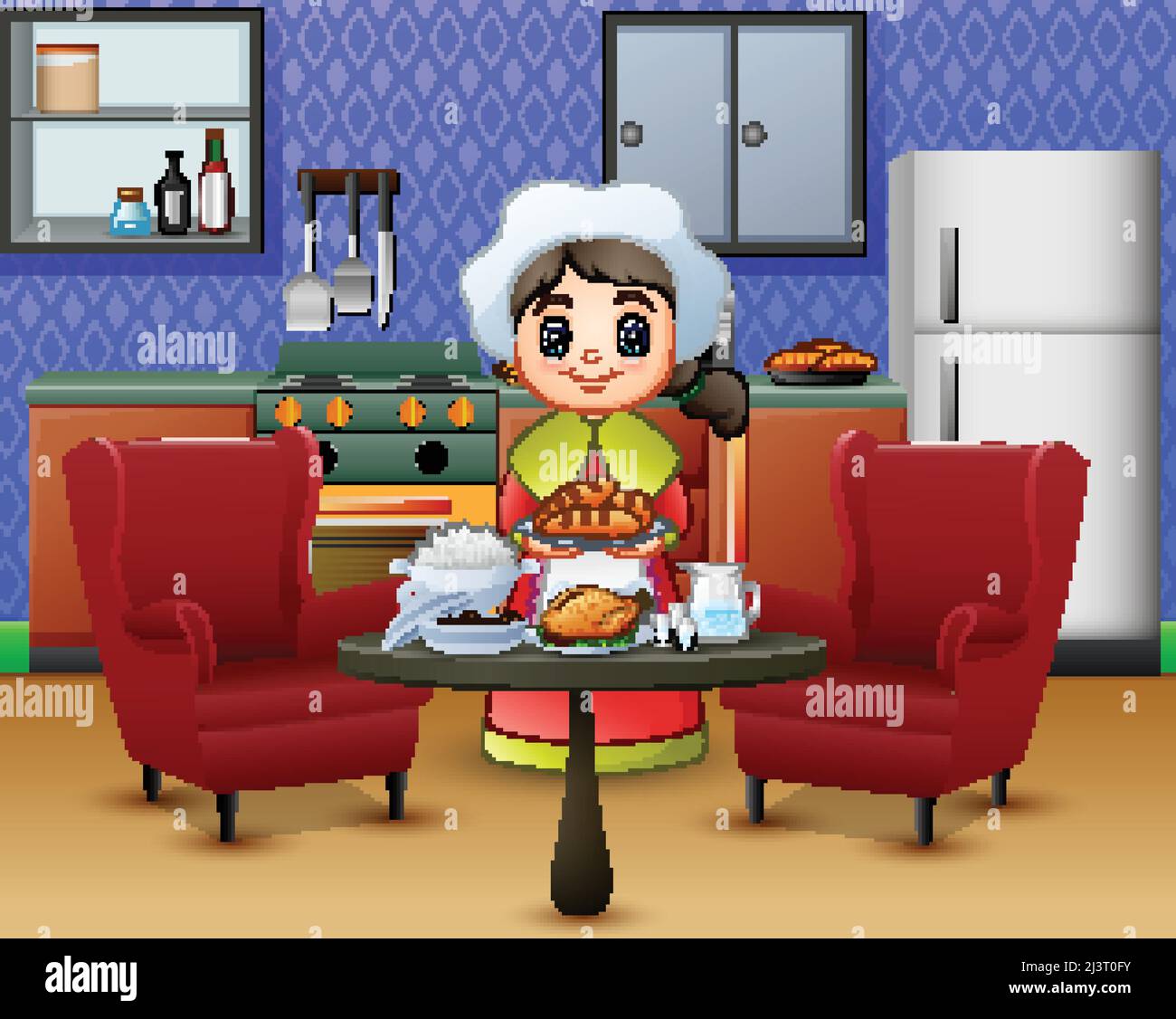 Cartoon cute little girl in chef's hat holding a food Stock Vector ...