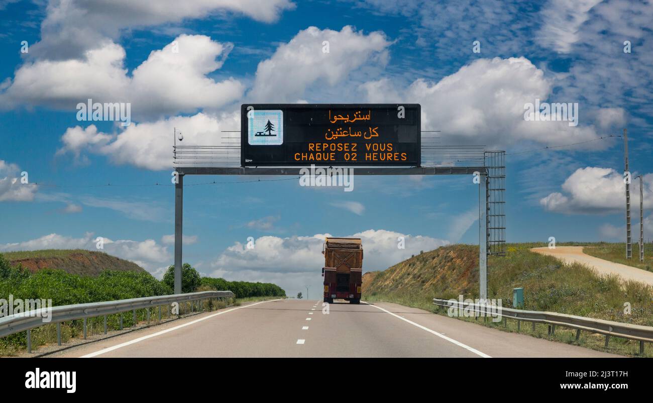 Morocco. Highway Safety Sign ("Rest Every Two Hours") on A-2, between ...