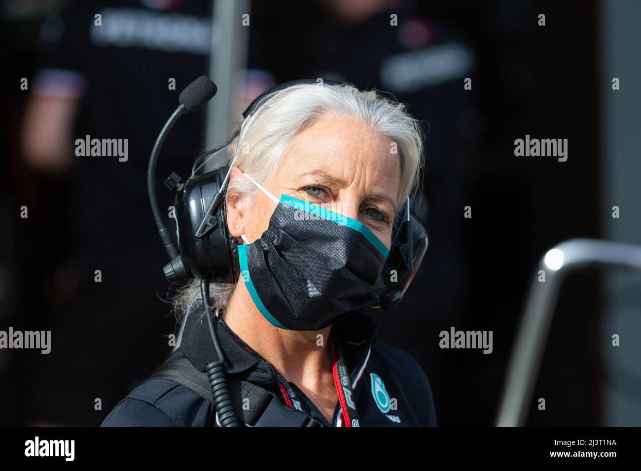 Angela Cullen of New Zealand, assistant to Lewis Hamilton in the pit ...
