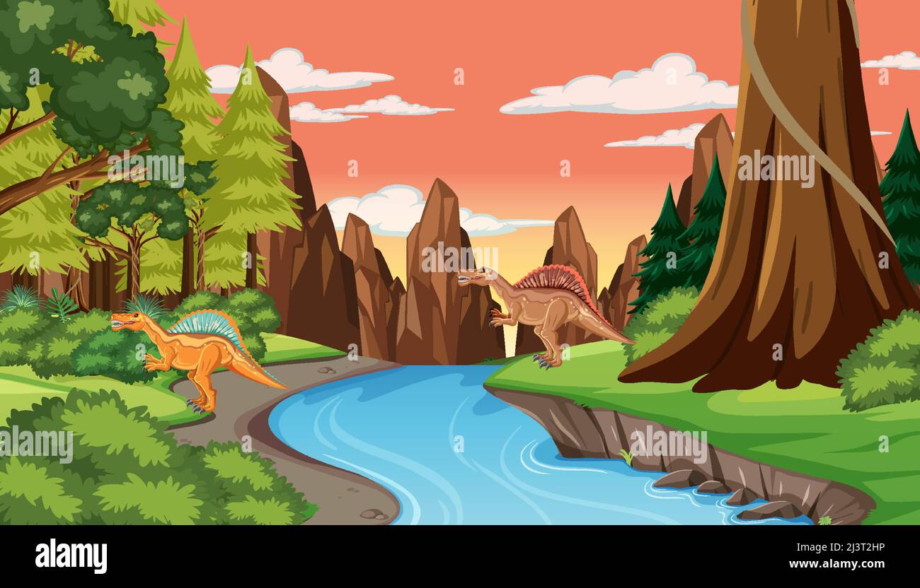 Prehistoric forest with dinosaur cartoon illustration Stock Vector ...