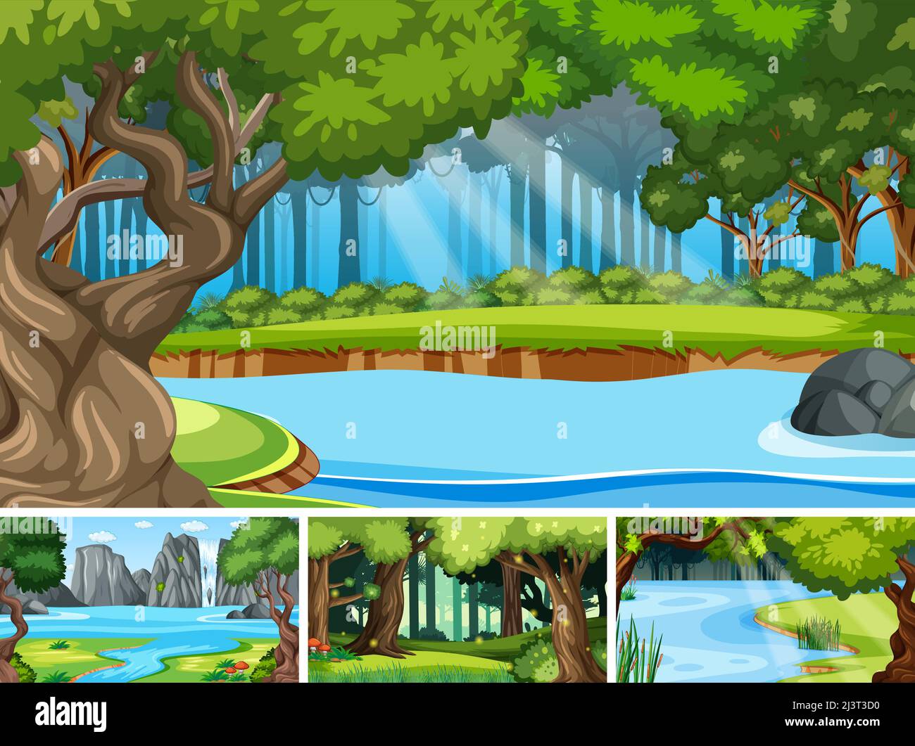 Nature scene with many trees and river illustration Stock Vector Image ...