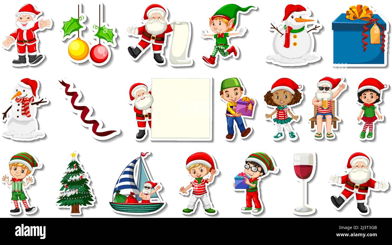 Set of Christmas objects and cartoon characters illustration Stock ...