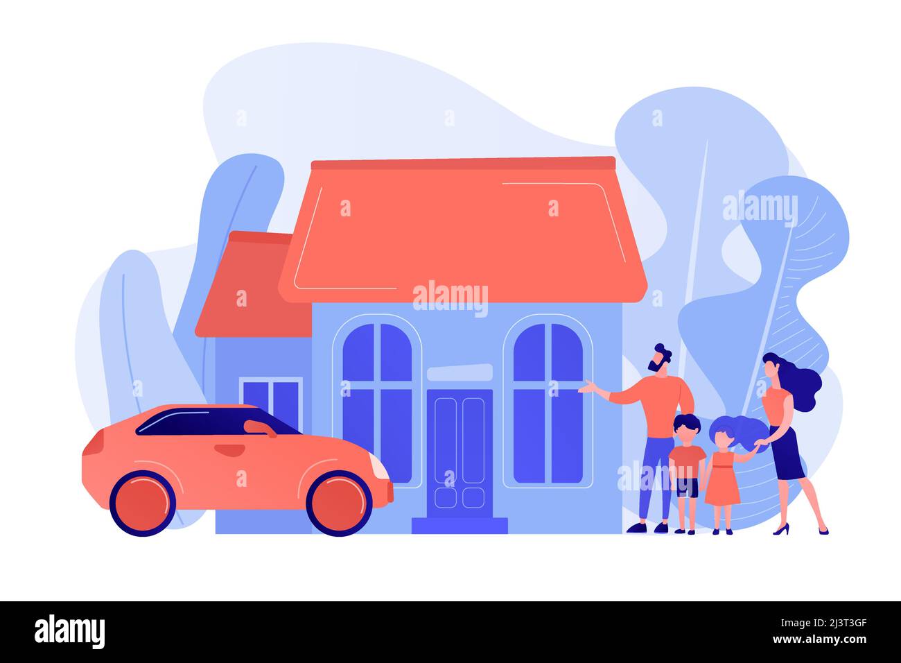 Happy parents with children and detached house. Single-family detached ...