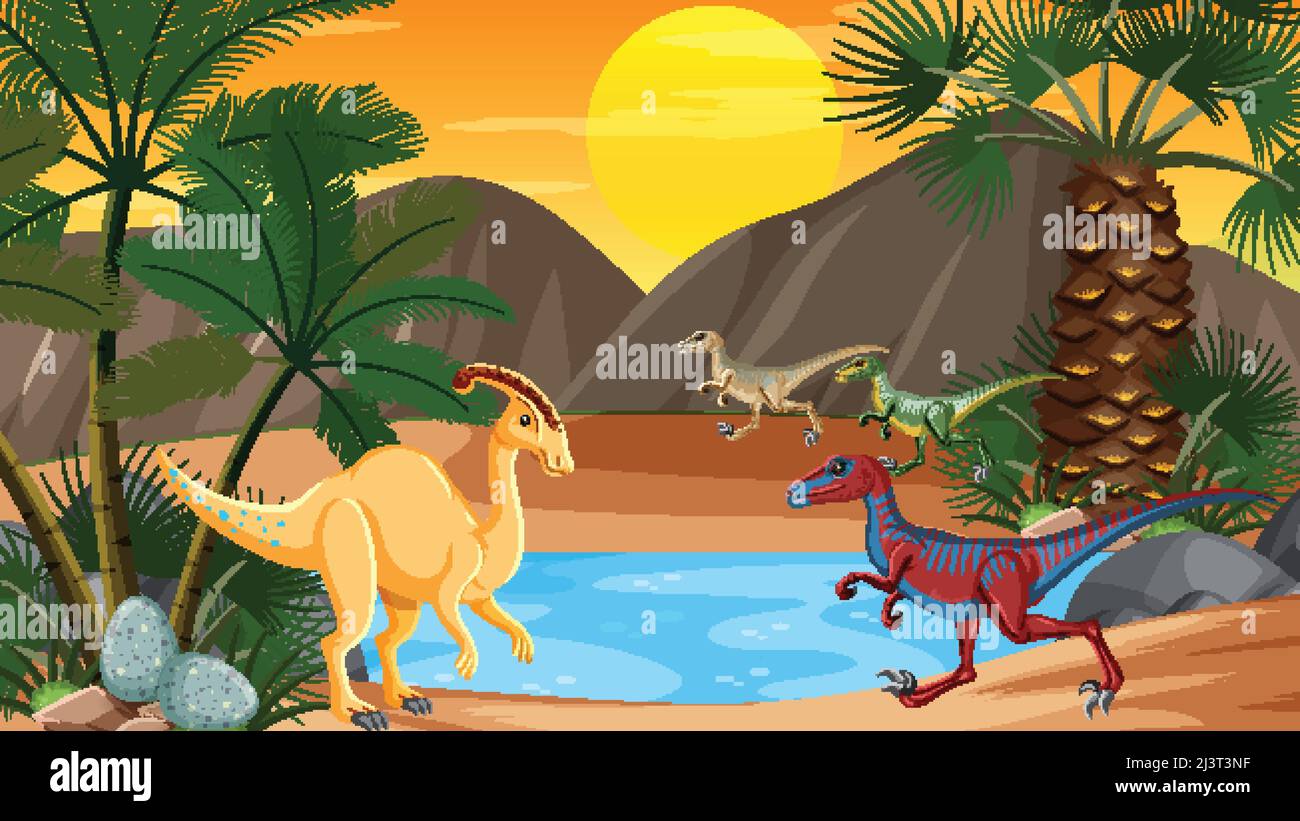 Scene with dinosaurs by the river illustration Stock Vector Image & Art ...