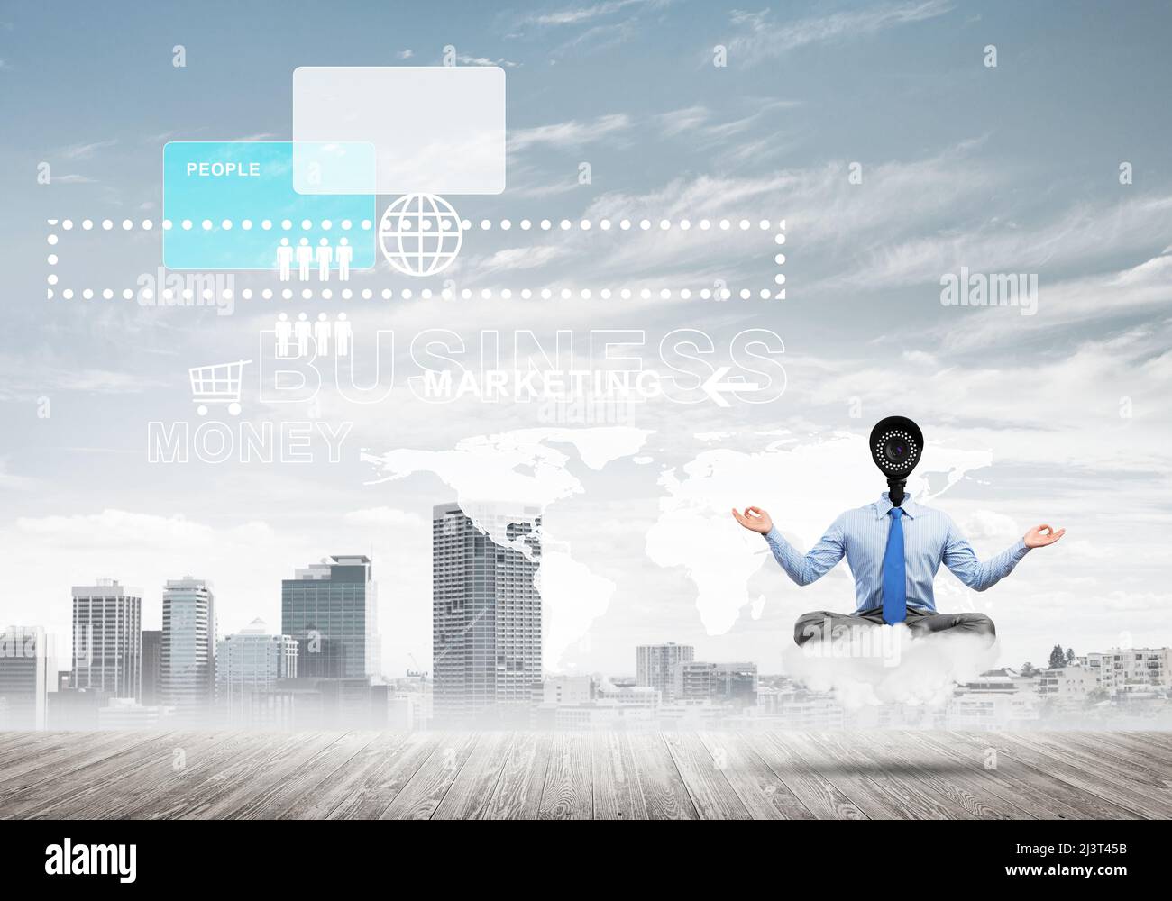 Camera headed man sitting in lotus pose on cloud against modern ...