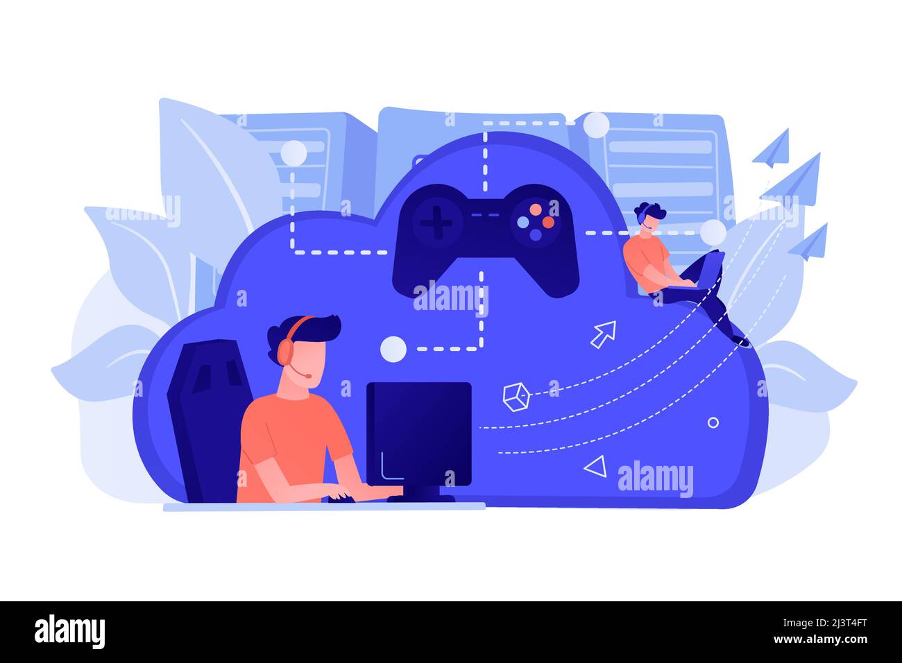 Two gamers playing computer connected with joystick. Gaming on demand ...