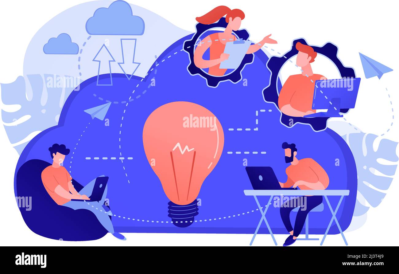 Coworking team of users connected by cloud computing and light bulb. Online collaboration ...