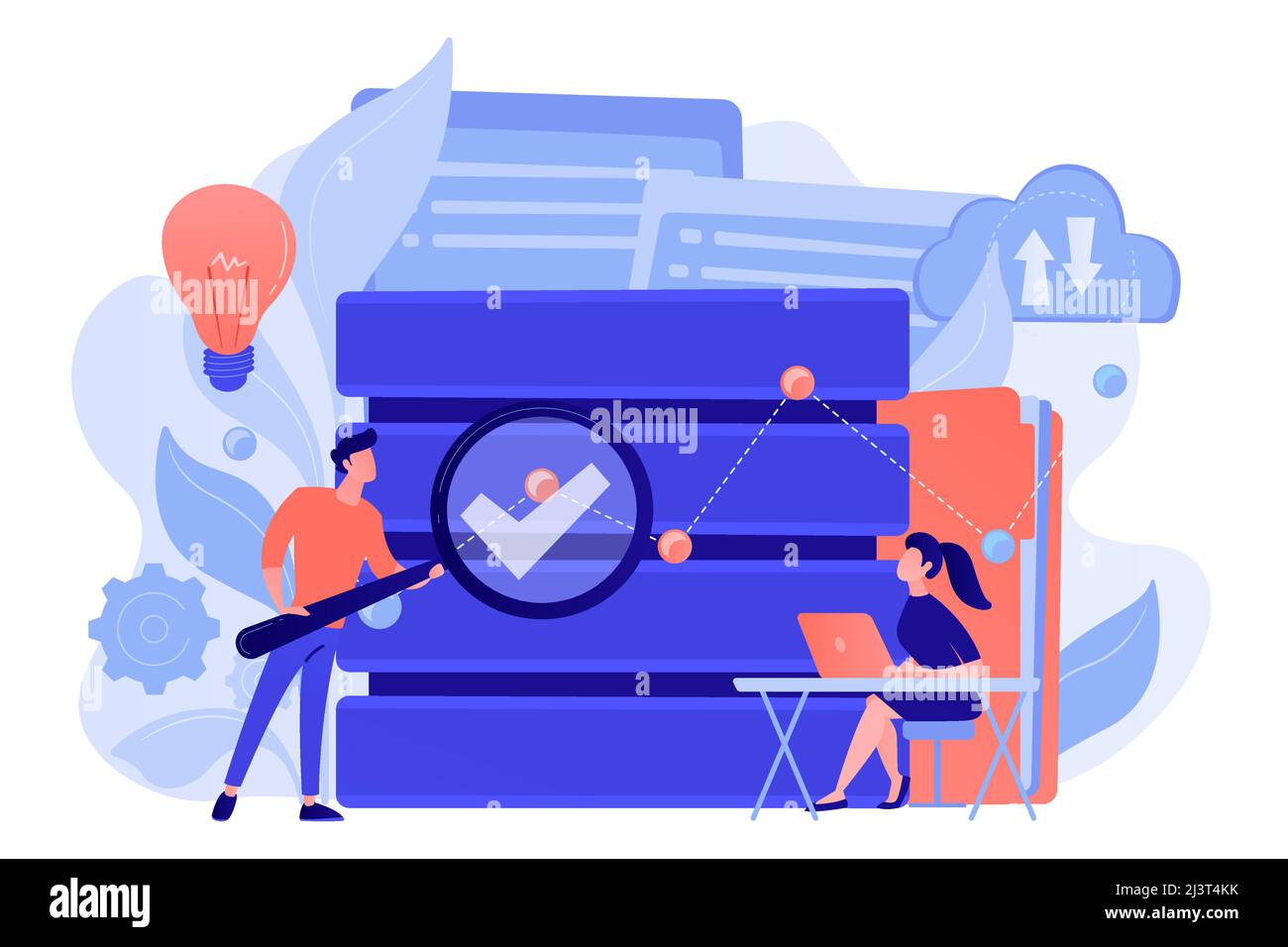 Developers with magnifying glass studying data analytics. Database ...