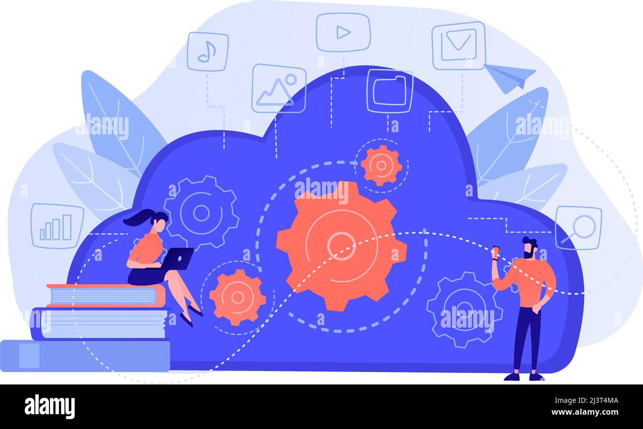 Developers using laptop and smartphone working with cloud data ...