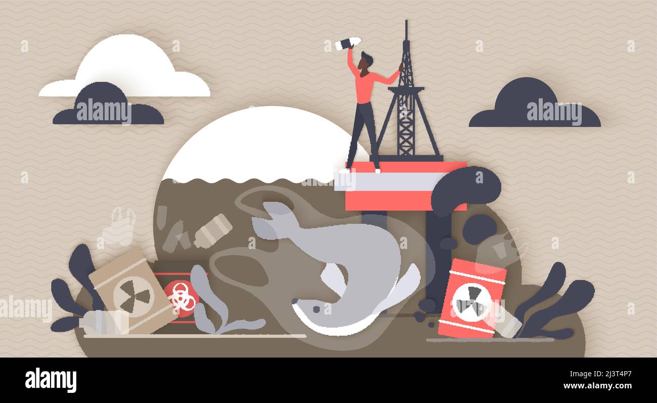 Danger waste garbage of ocean or sea water, ecological disaster. Tiny ...