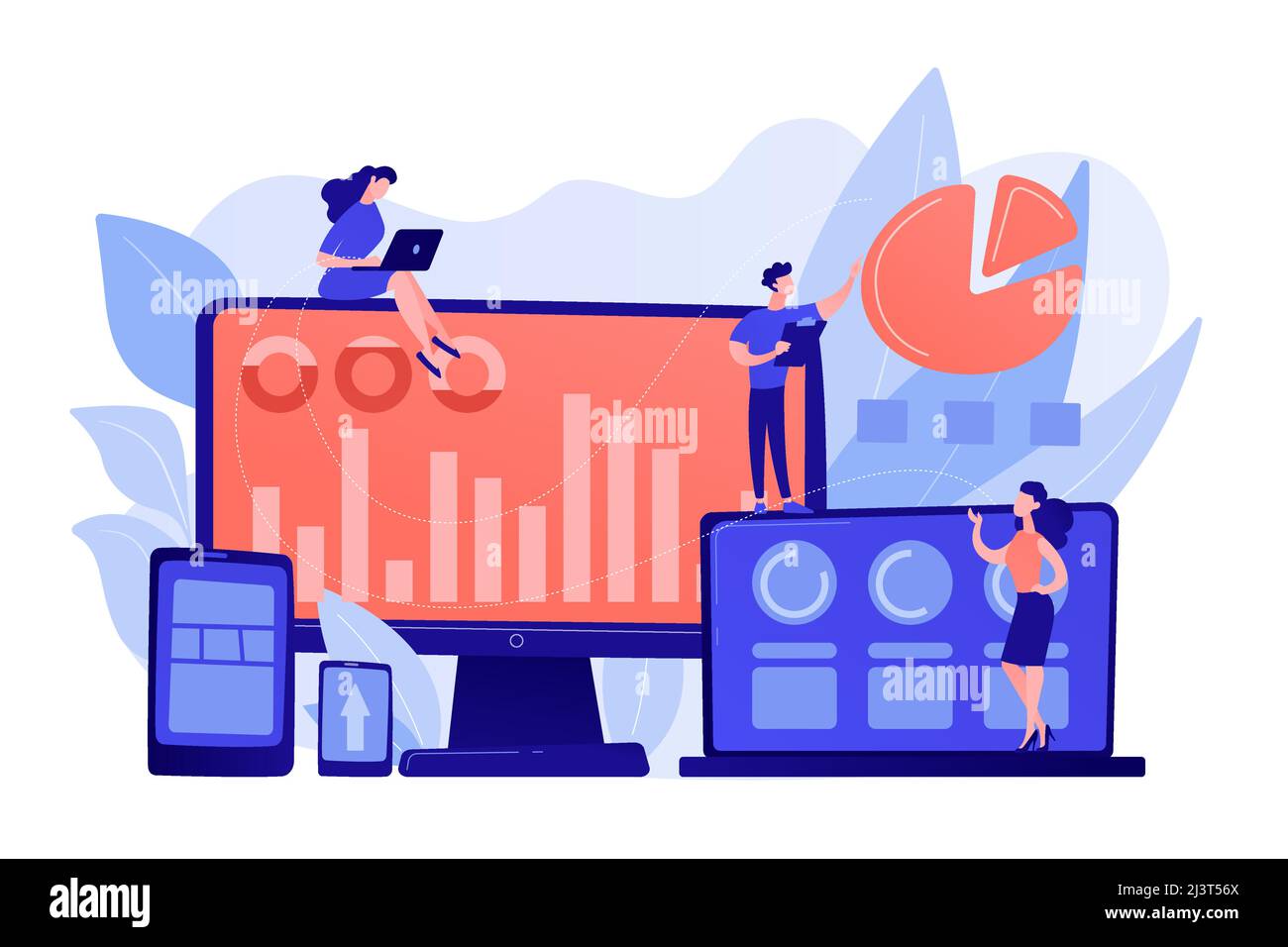 Customer managers working with customers pie charts and devices ...