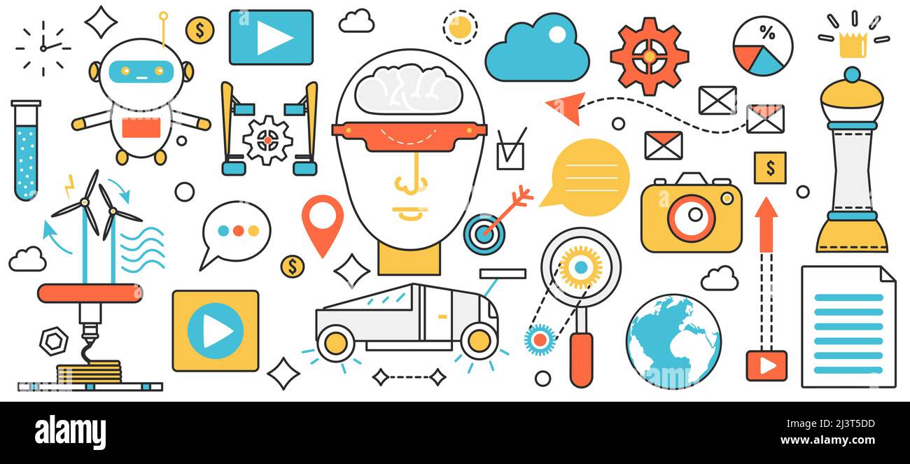 Automation future smart technology. Robot, AI digital brain control and ...