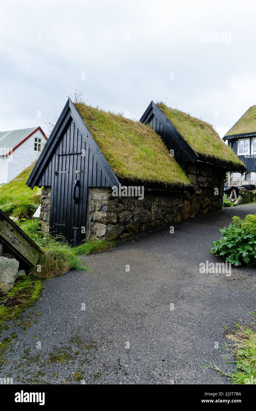 Close up view of the beautiful Black house with grass on the roof in ...