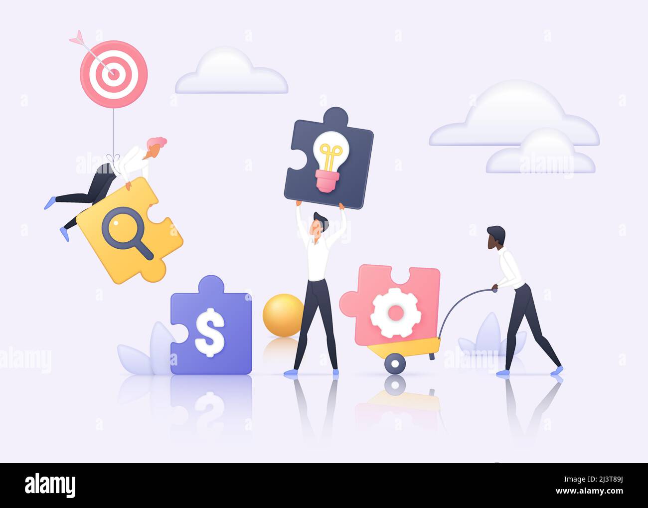 Collaboration of business partners. Tiny team of people holding puzzle ...