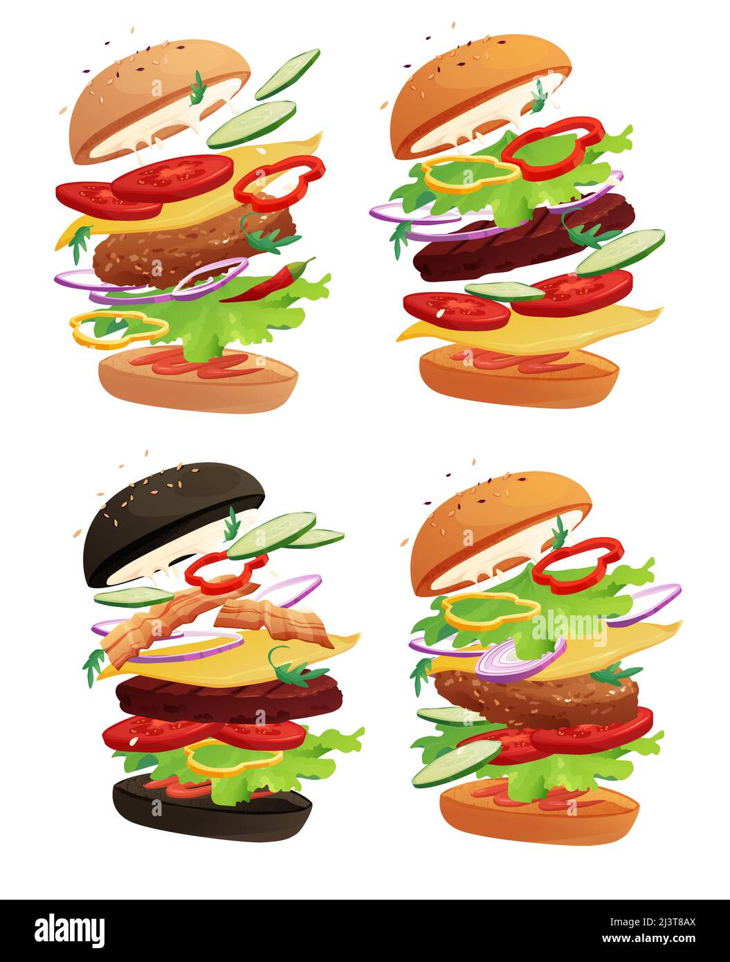 Delicious flying burger with chili, tomato, cheese, cucumber, meat ...